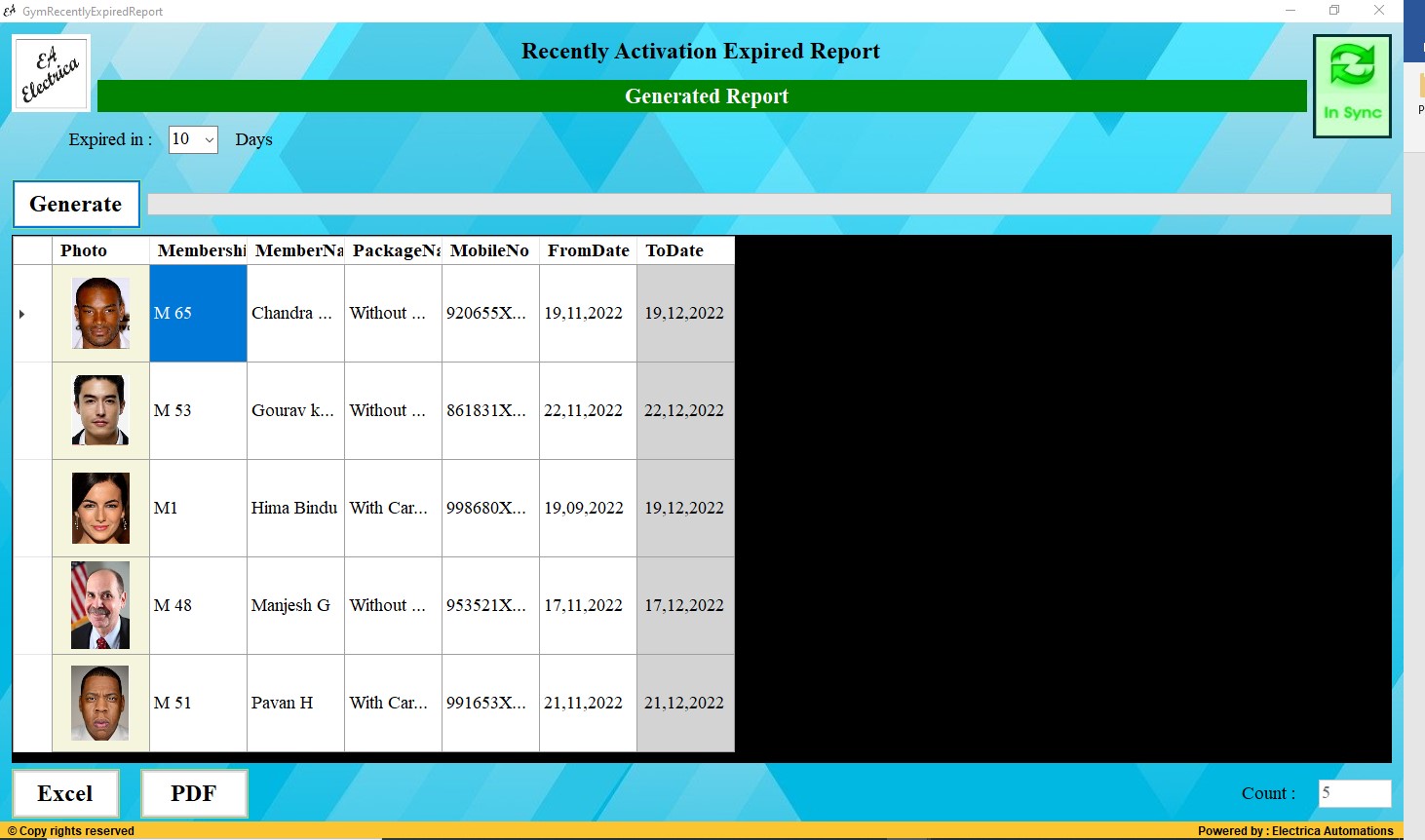 Report showing Members who s Membership Activation has expired recently: