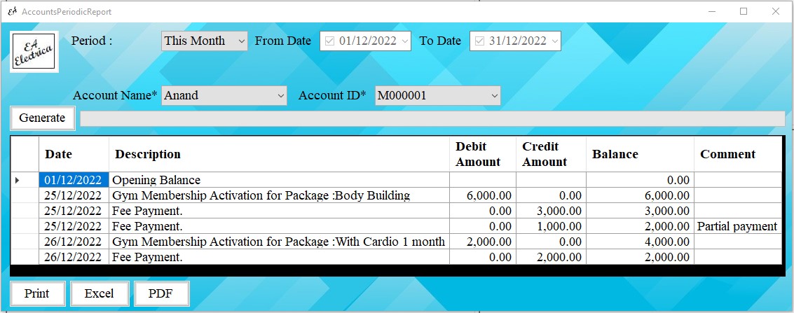 Report showing all the Fee Transactions of a Member: